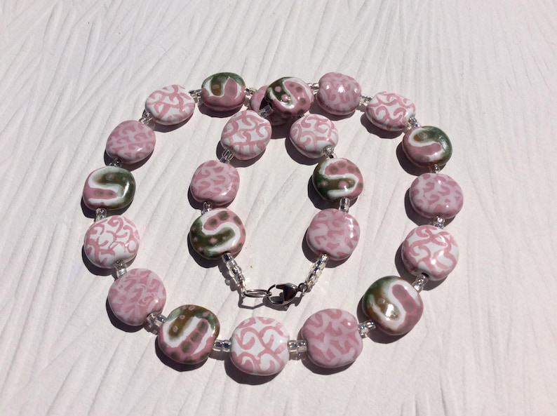 Pink and White Kazuri Necklace, Fair Trade Ceramic Beads, Homemade, One ...