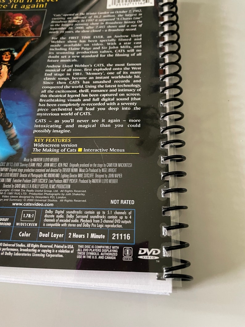 Broadway Musical Cats Movie DVD Upcycled Spiral Bound Notebook Journal Vintage Gift Ideas 2000 ...
