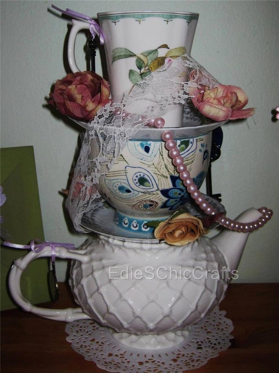 Items similar to Vintage Style Stacked Teapot & Teacup Centerpiece ...
