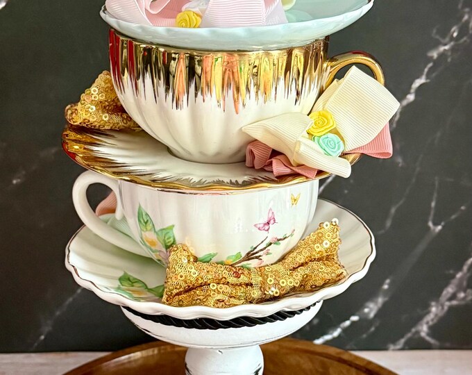Whimsical Stacked Teacup Centerpiece | 11” Tall | Mad Hatter Tea Party ...