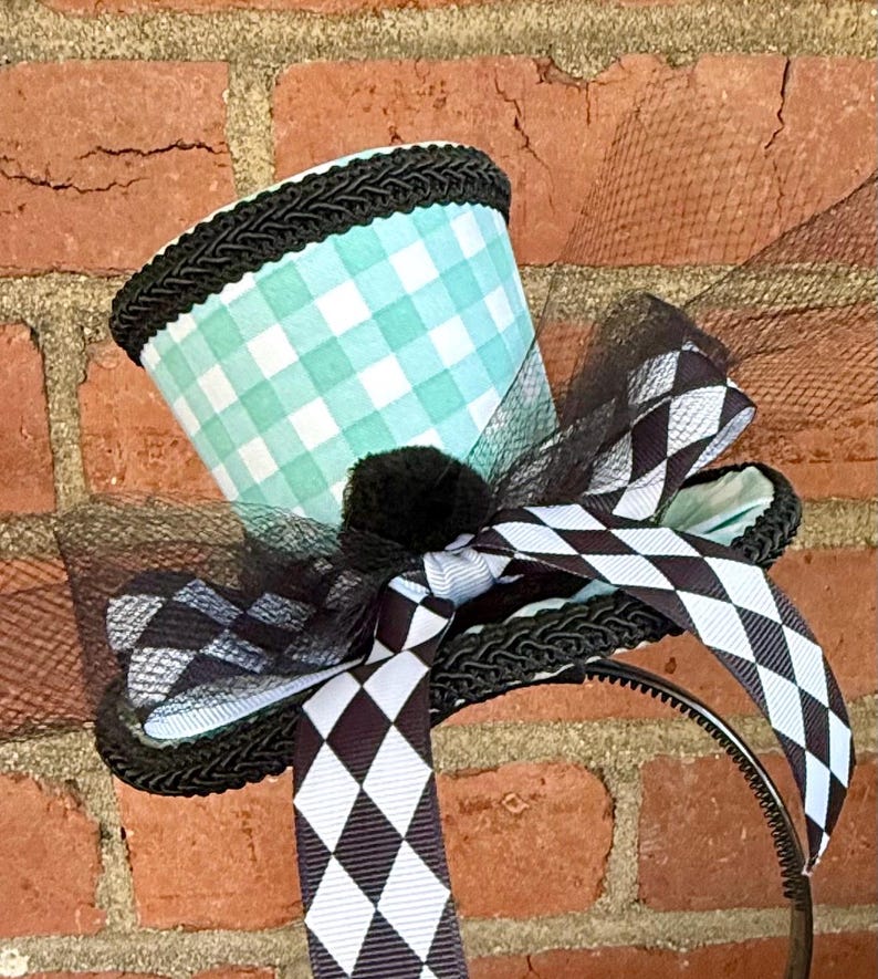 Lite Blue Checkered Mini Top Hat Fascinator | Mad Hatter Tea Party ...