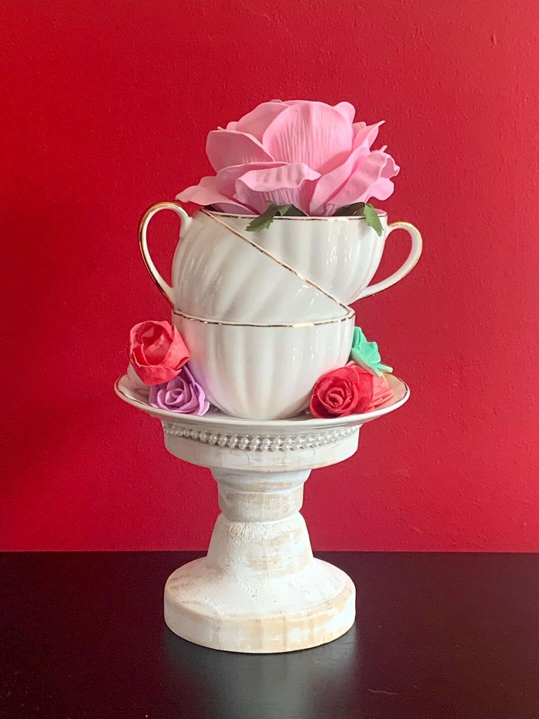 Whimsical Stacked Teacup Centerpiece - 10” Tall | Mad Hatter Tea Party ...