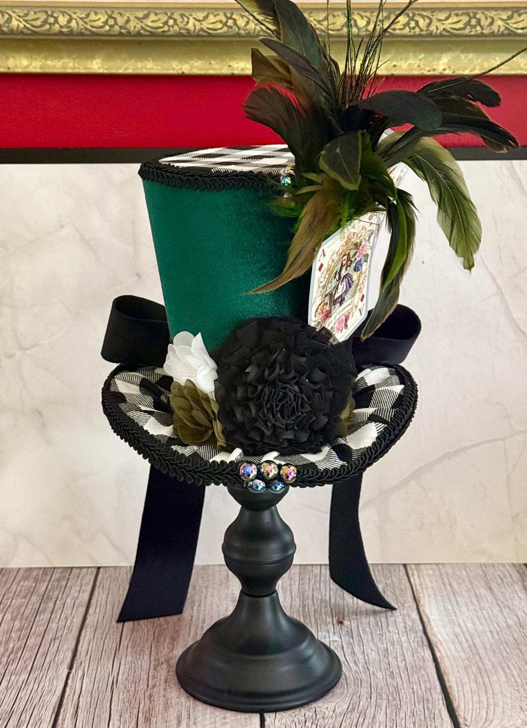 Dk Green Velvet Tea Party Top Hat + Candlestick (6-12”) W/ Alice Cards ...