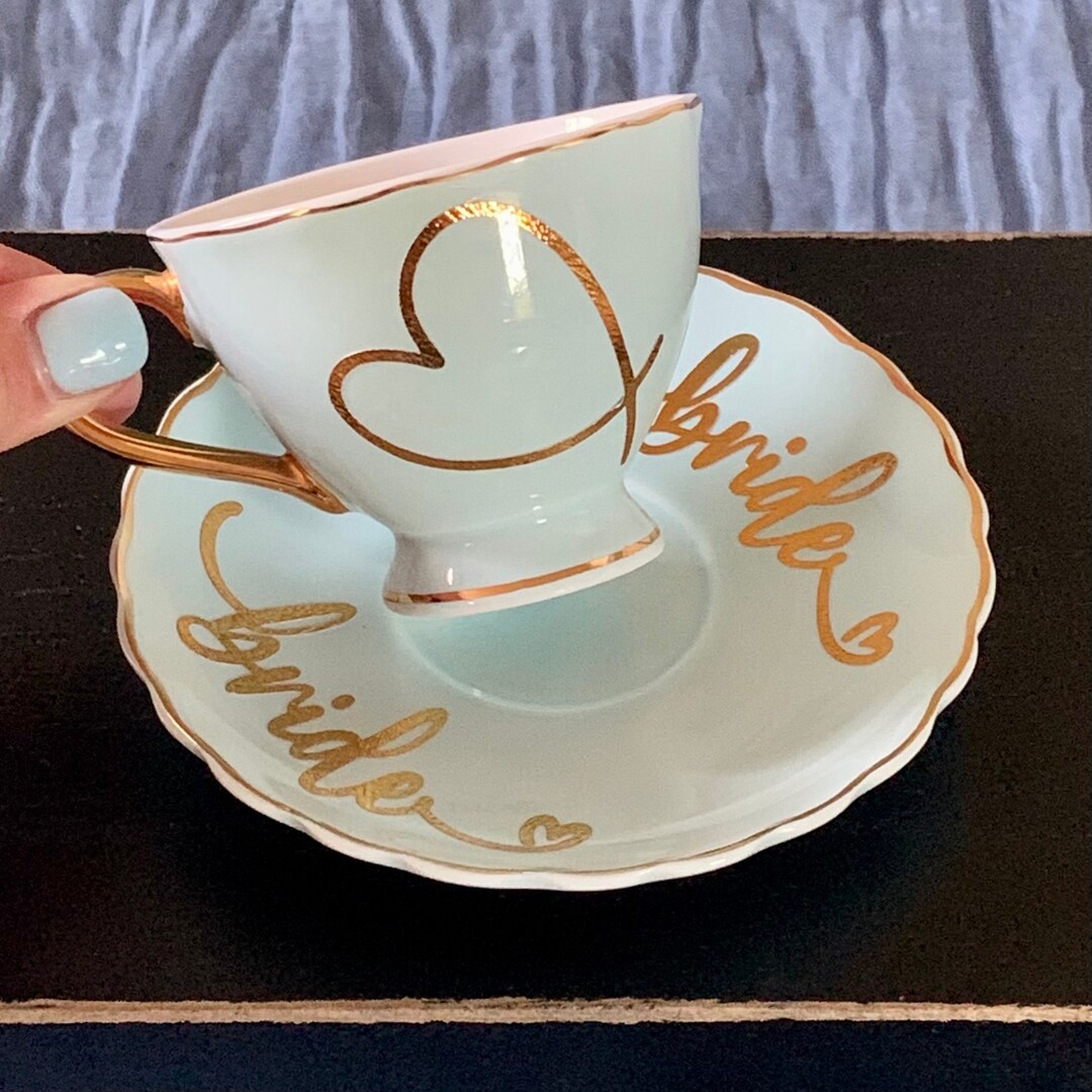 Mini Tea Cup & Saucer Set Cake Topper Something Blue Gold Trimmed BRIDE ...