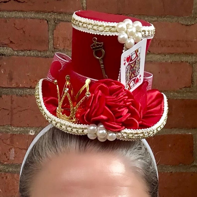 Red Queen of Hearts Mini Top Hat Fascinator With Crown | Mad Hatter Tea ...