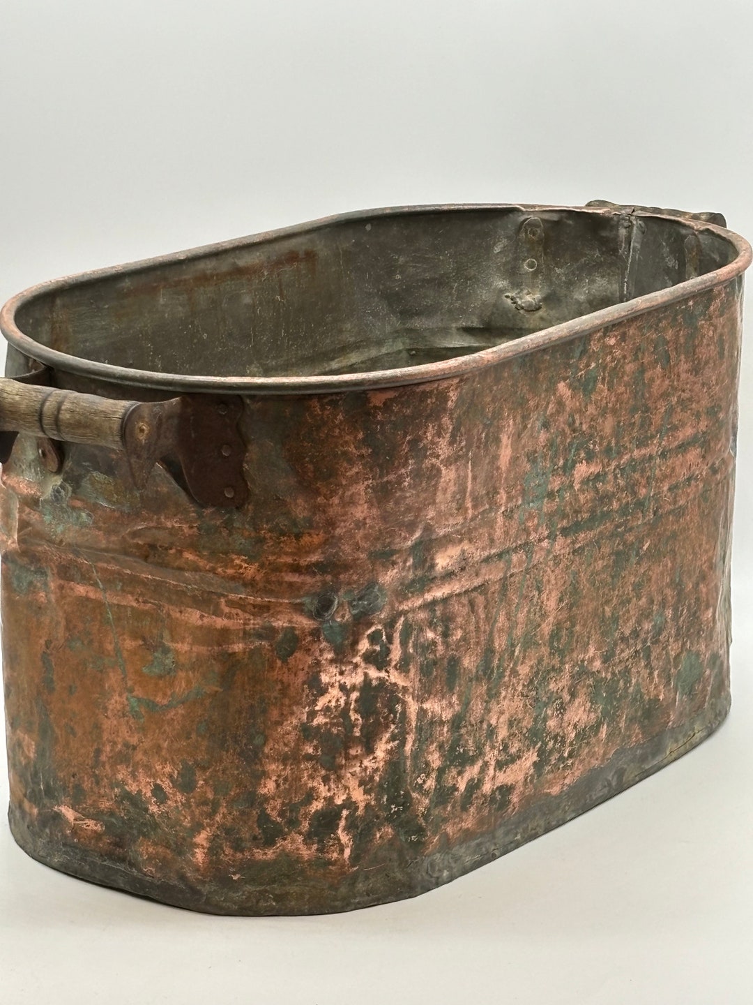 Antique Copper Boiler, Wash Tub, Copper Planter, Wooden Handles, Coal ...