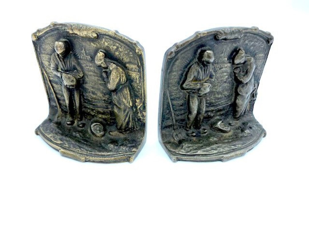 Bookends, Pair Brass Bookends, Angelus Bookends, Religious Scene ...