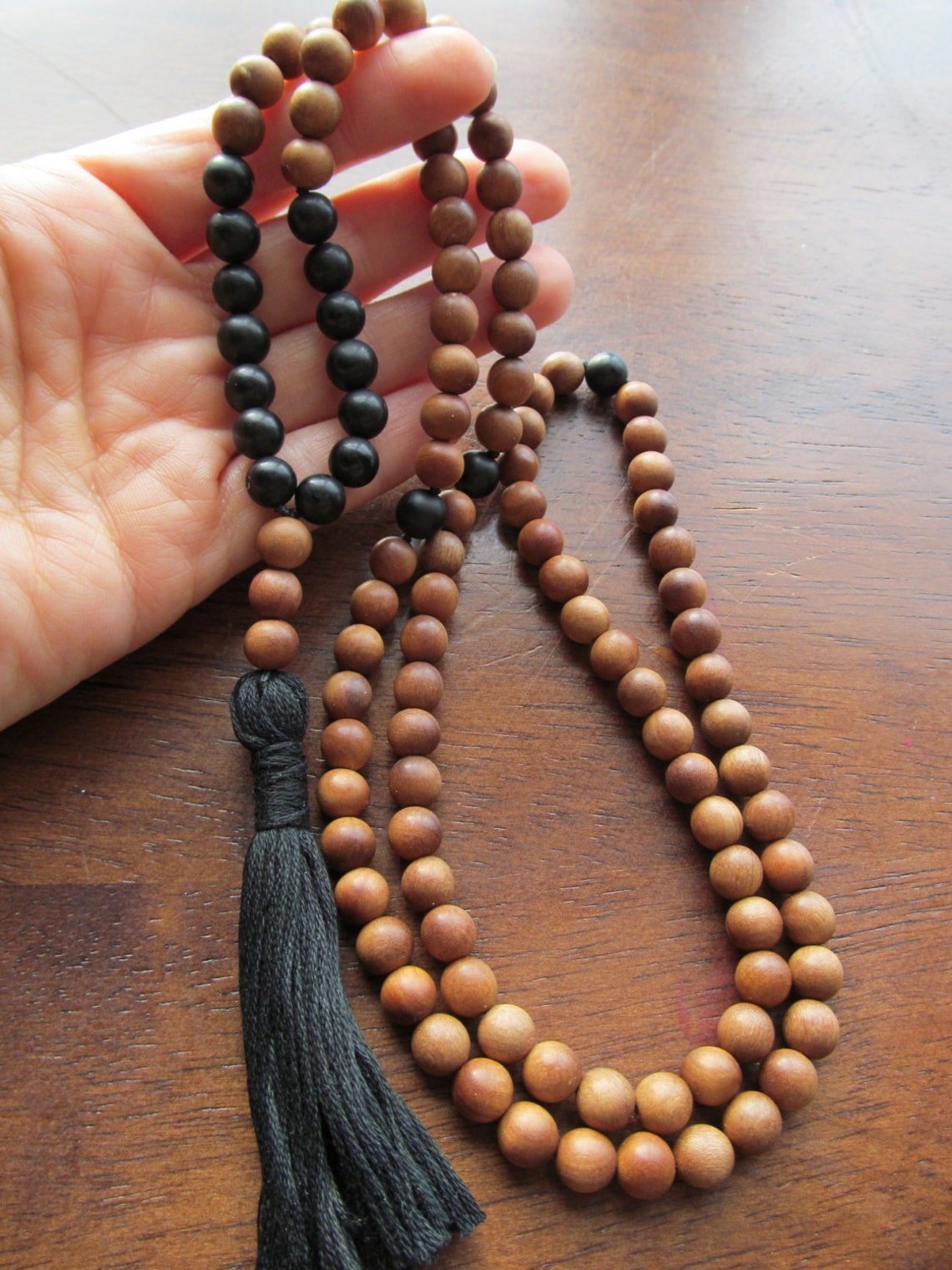 108 Bead Mala Matte Black Onyx and Sandalwood Long Necklace | Etsy