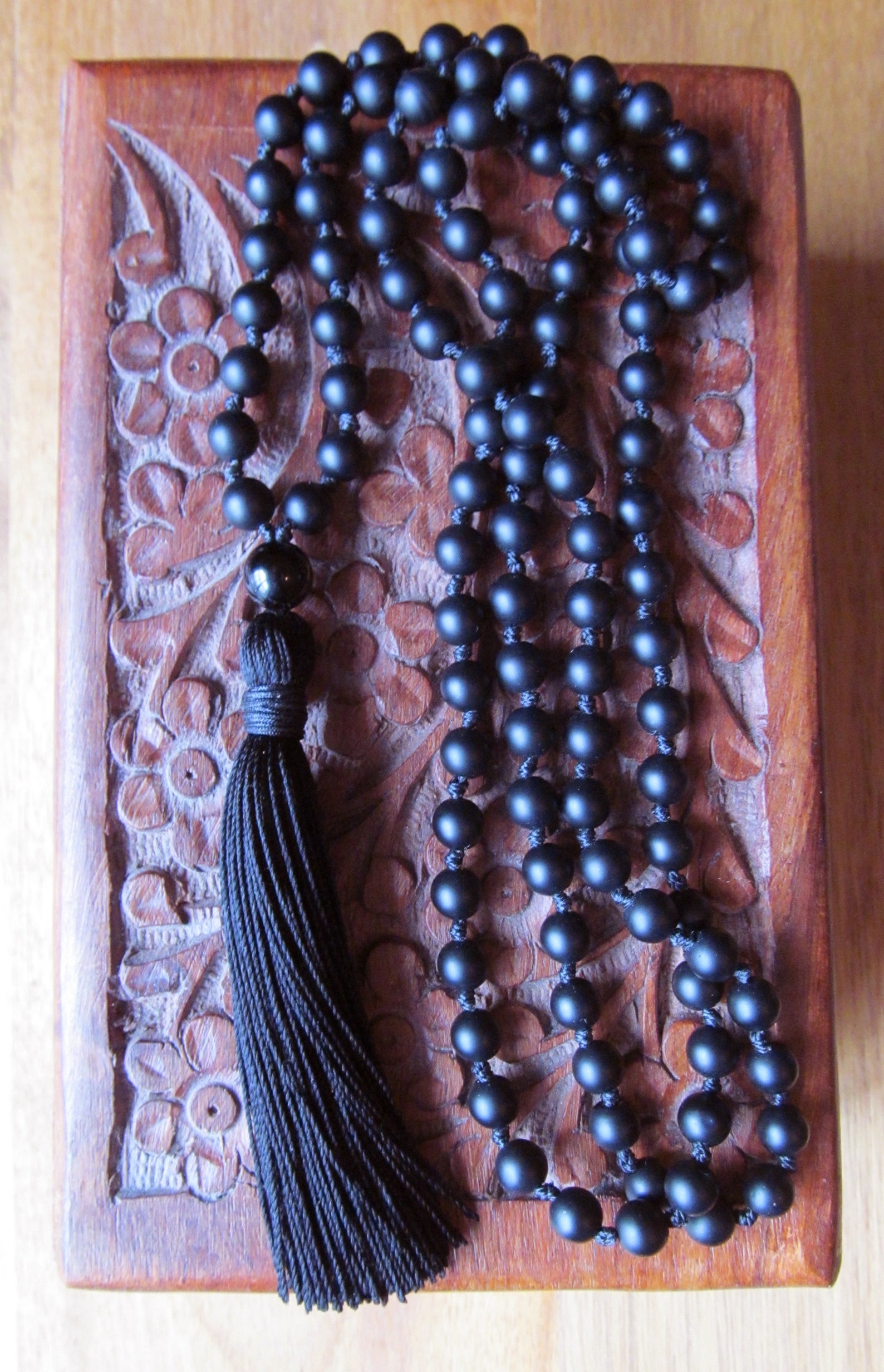 108 Bead Mala Matte Black Onyx Hand Knotted Silk Tassel - Etsy
