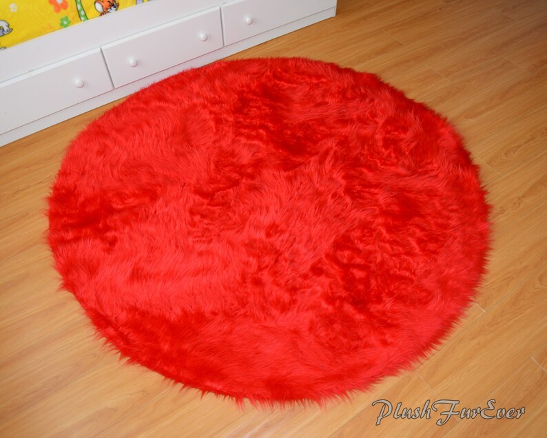 Bright Red faux fur throw area rug round rug boy girl kids | Etsy