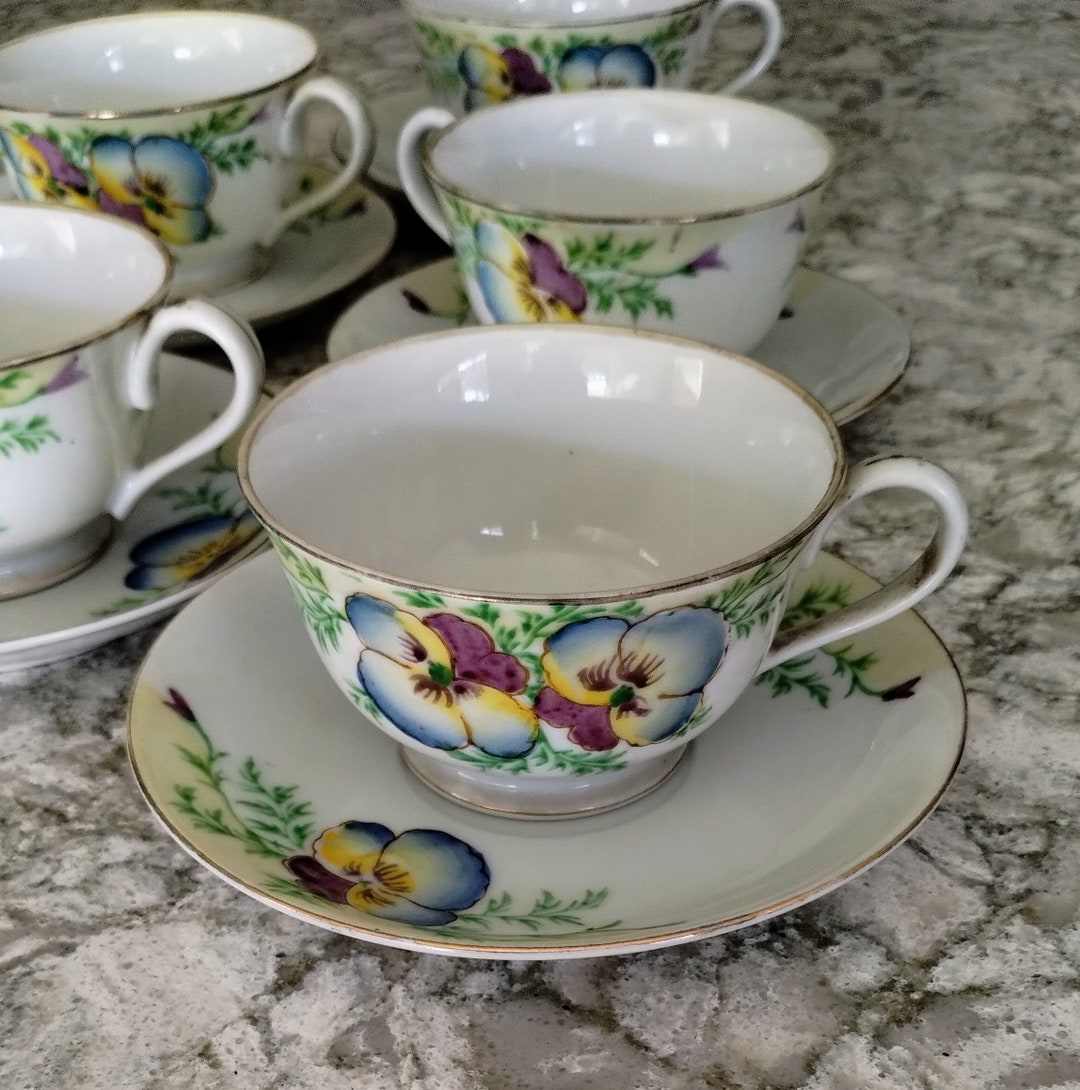 Vintage 1940's Pansy Tea Cups and Saucers, Set of 5, Made in Occupied ...