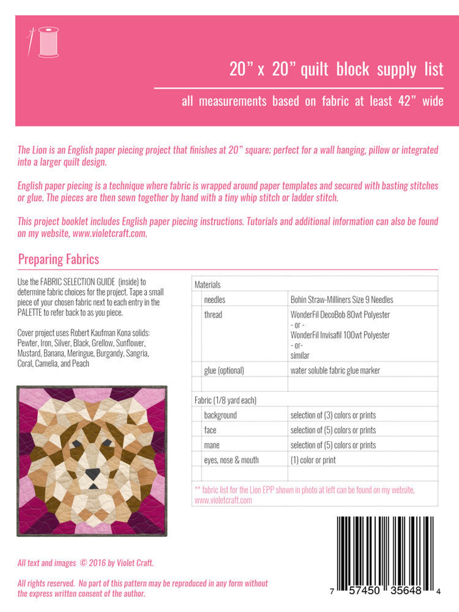 The Lion Quilt Pattern English Paper Piecing Violet Craft VC017 - Etsy
