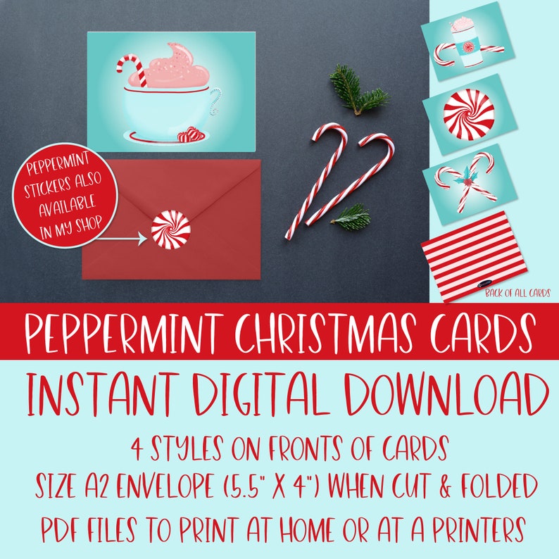 Peppermint Christmas Cards - Instant Download - Printable - Etsy