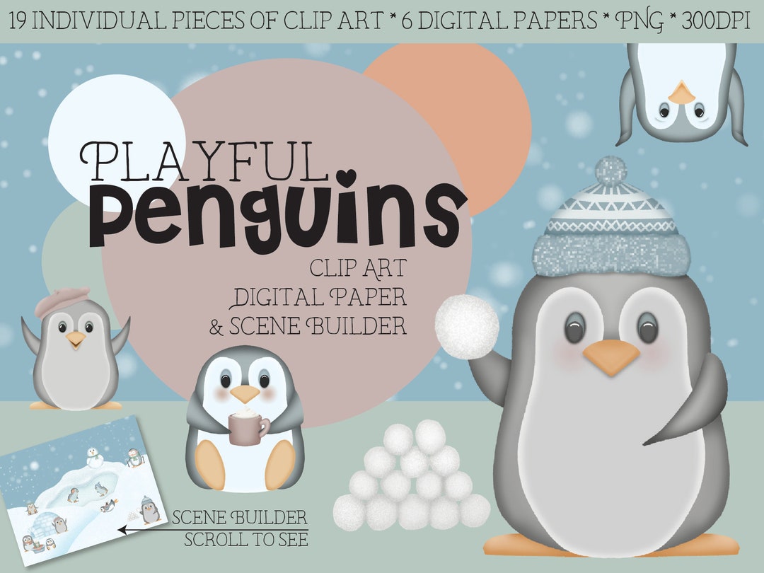 Playful Penguins Clip Art & Digital Paper Pack - Scene Building ...
