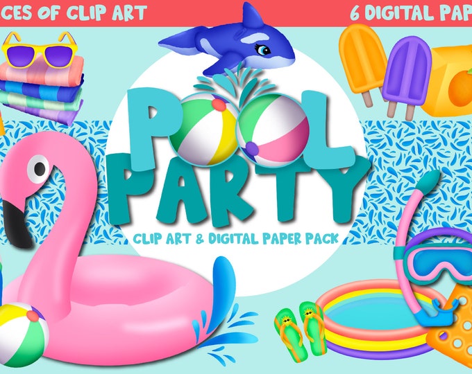 Pool Party Clip Art & Digital Paper Pack - Scrapbooking - Invitations ...