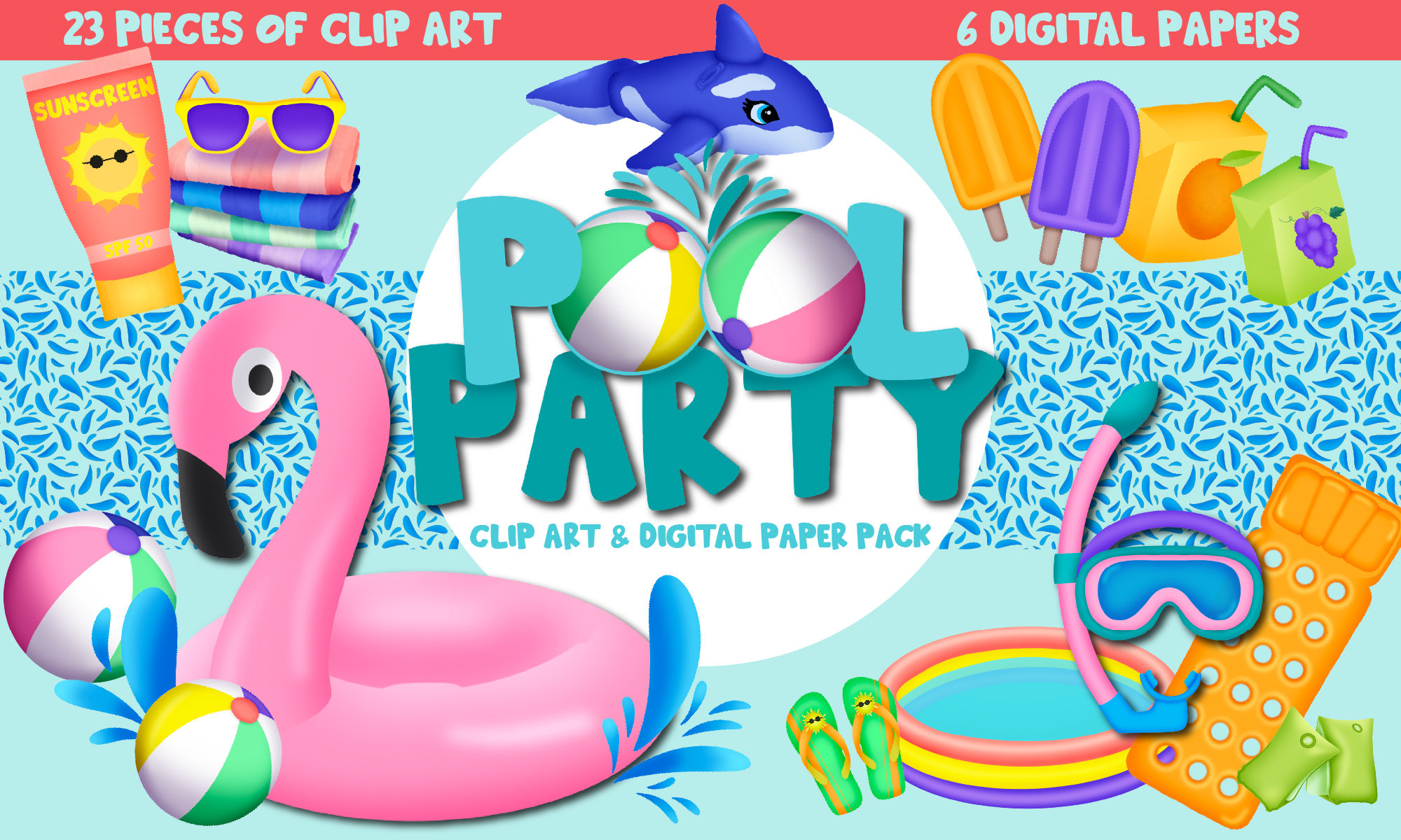 Pool Party Clip Art & Digital Paper Pack Scrapbooking Invitations ...