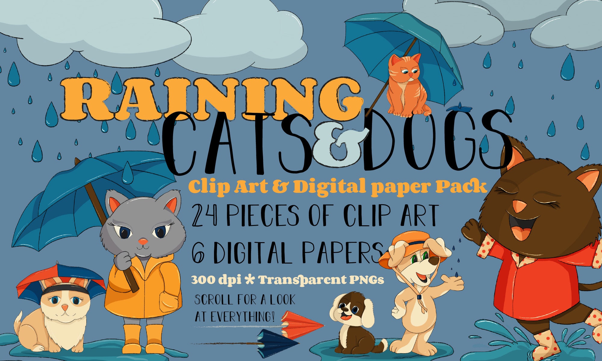 Raining Cats and Dogs Clip Art & Digital Paper Pack - Scrapbooking ...