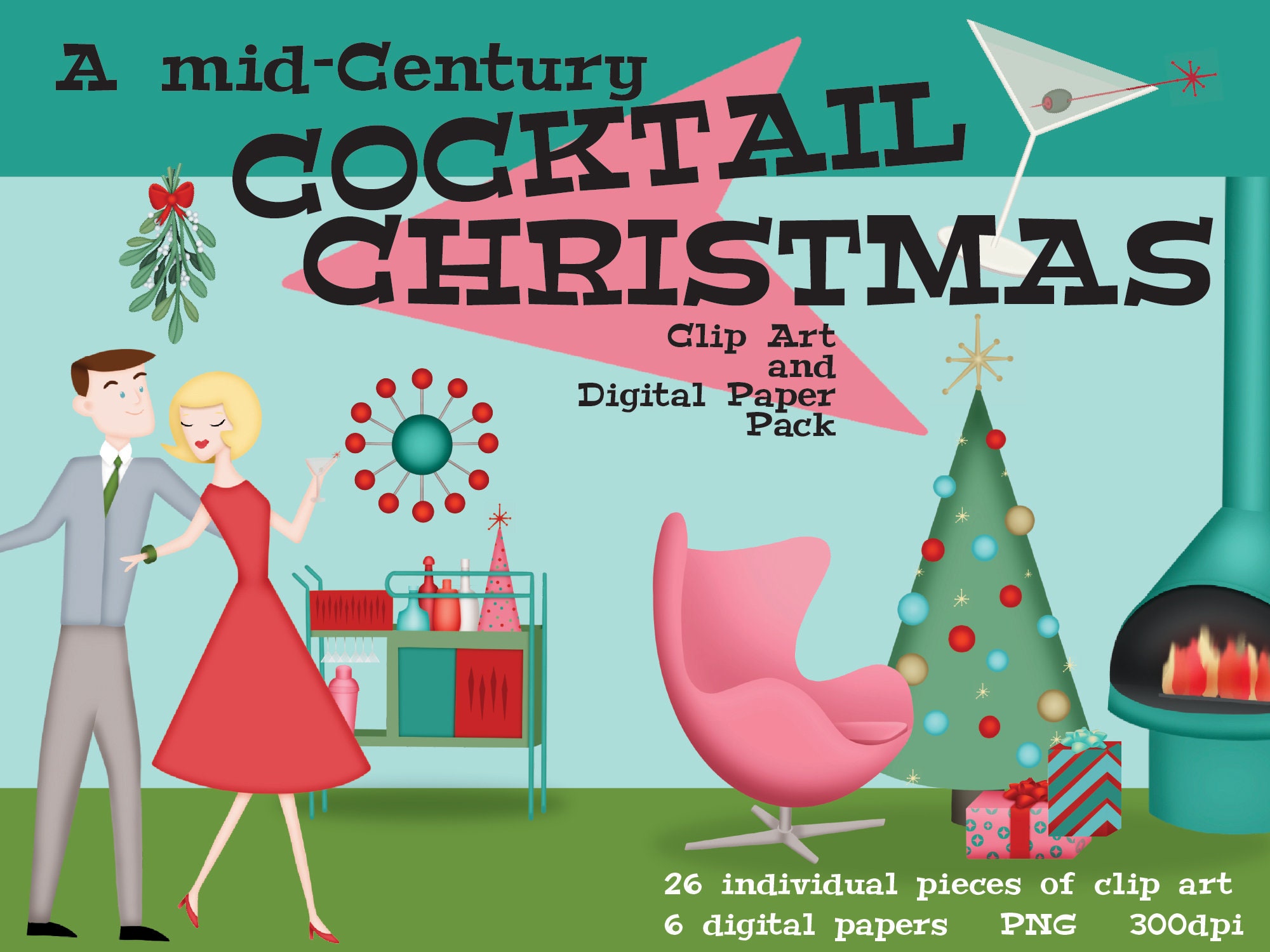 Mid-century Cocktail Christmas Clip Art & Digital Paper Pack ...