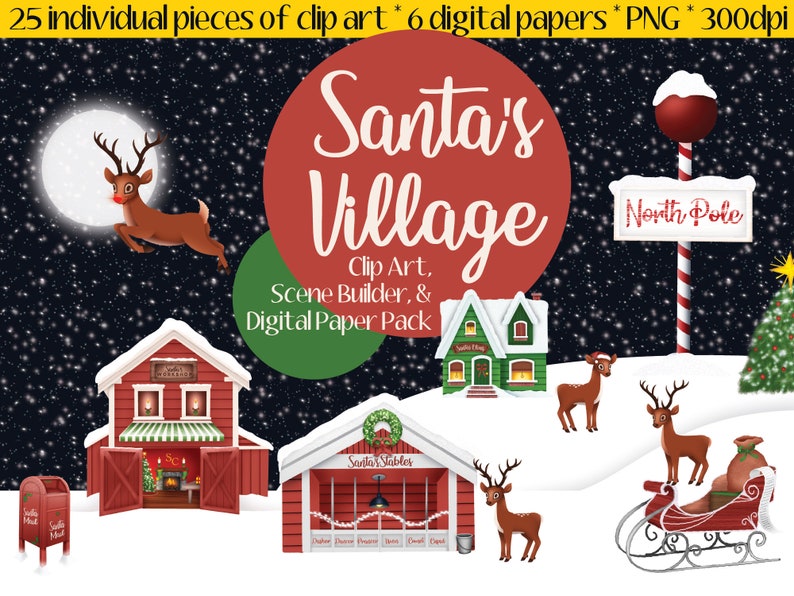 Santa's Village Clip Art & Digital Paper Pack - Scene Building ...