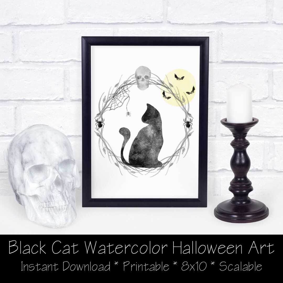 Black Cat Halloween Art - Instant Download - Printable Art - Etsy