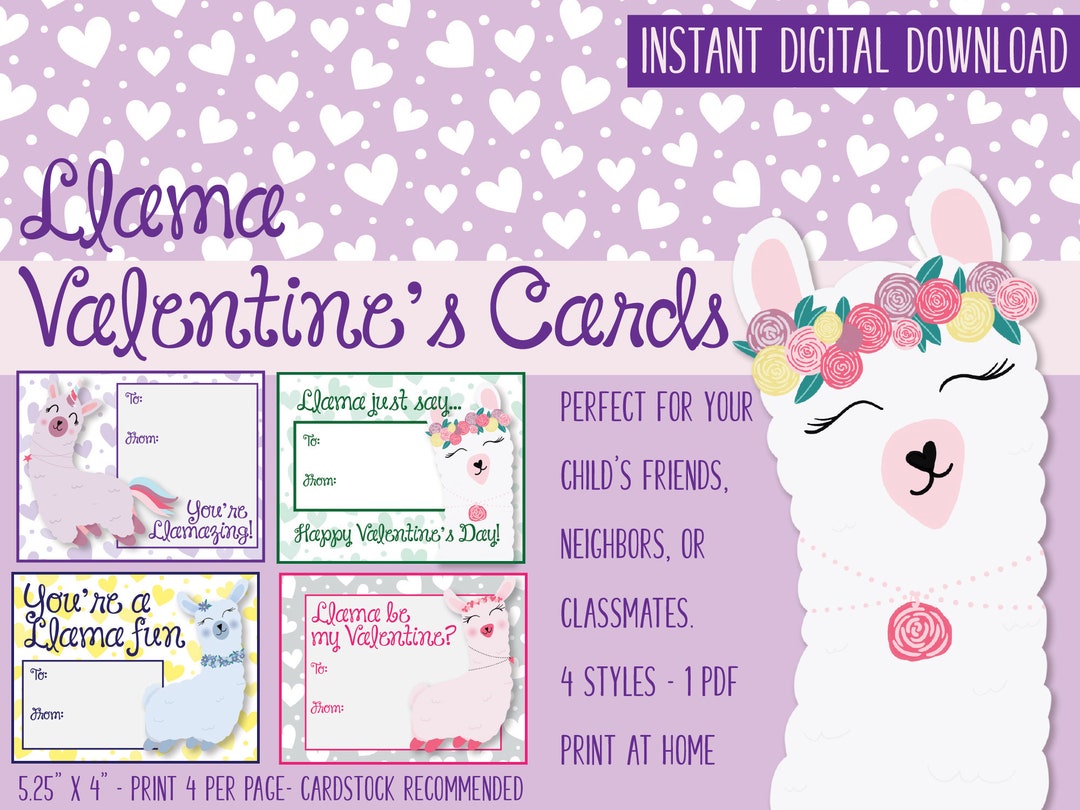 Llama Valentine's Day Kids Cards - Instant Download - Printable - Etsy