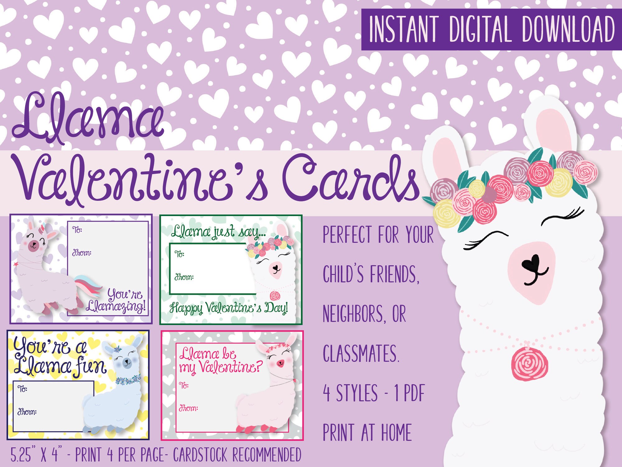 Llama Valentine's Day Kids Cards - Instant Download - Printable - Etsy