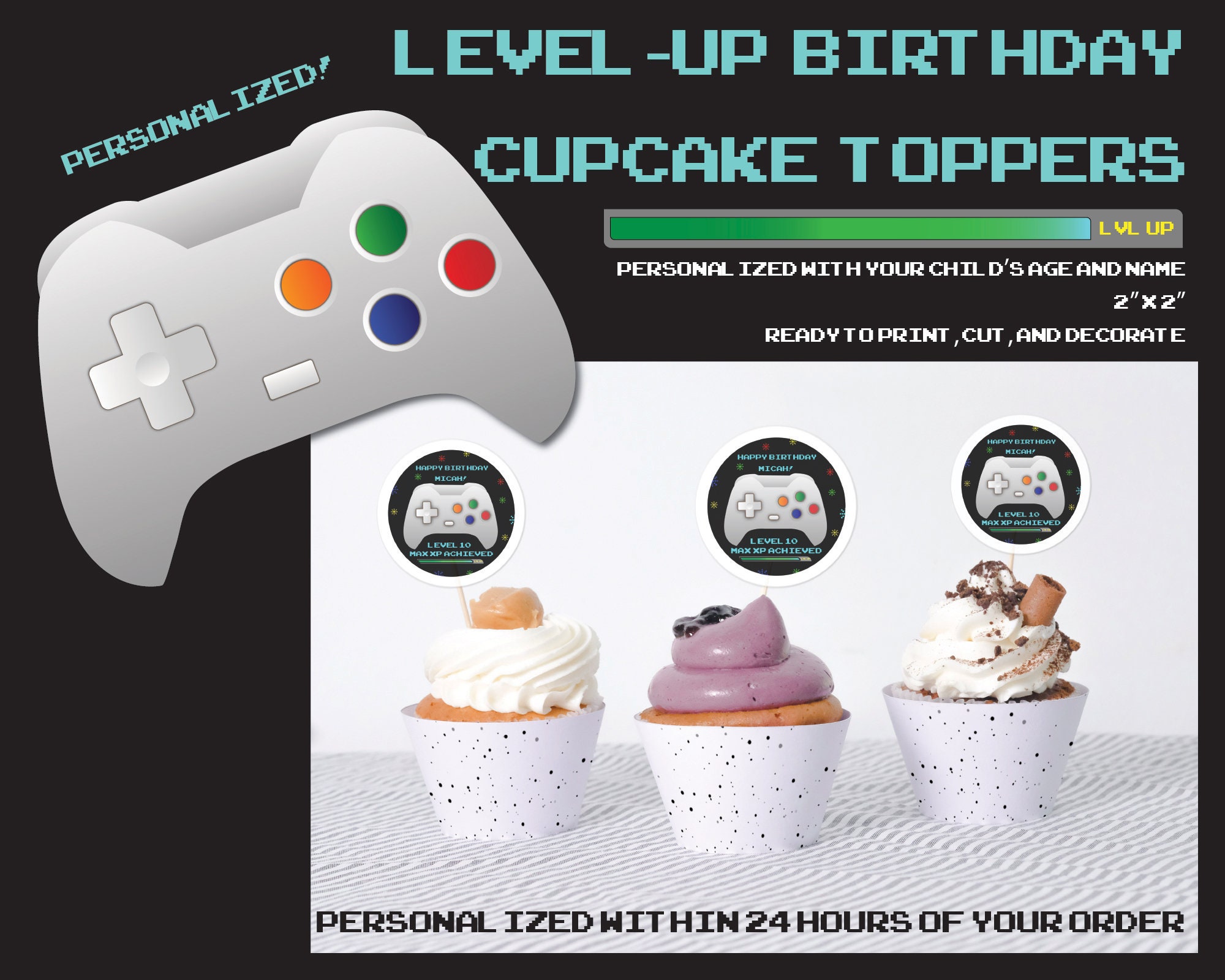 Level Up PERSONALIZED Birthday Cupcake Toppers - Etsy