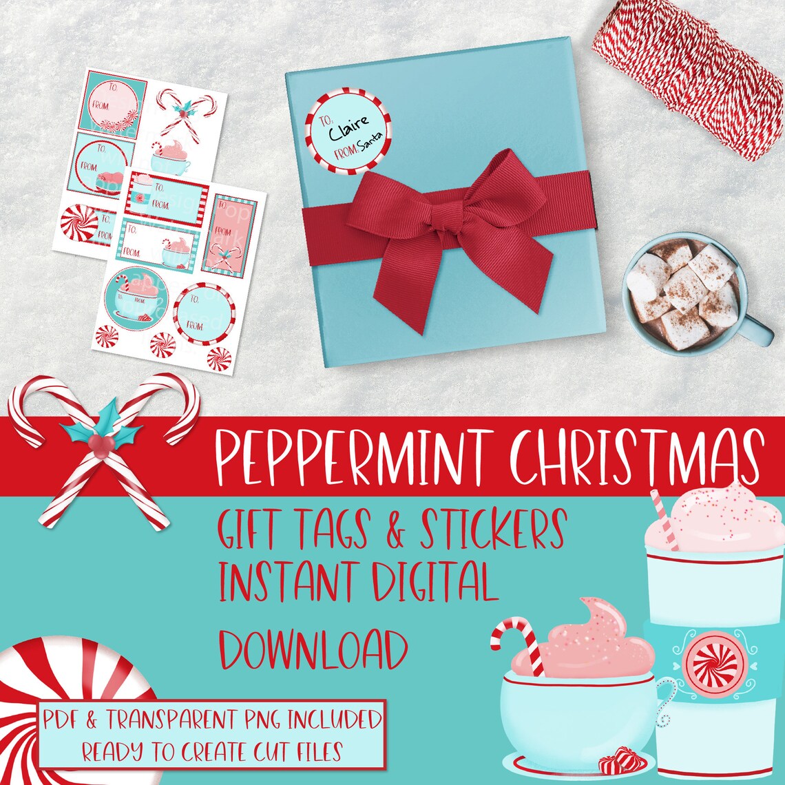 Peppermint Christmas Gift Tags & Stickers Instant Download Print and ...