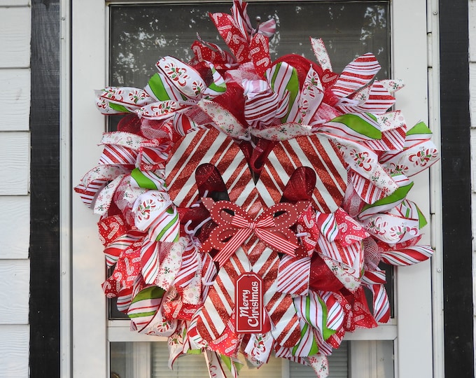 Christmas Candy Cane Deco Mesh Wreath Etsy
