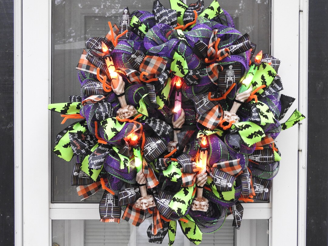 Skeleton Candle Lighted Deco Mesh Wreath - Etsy