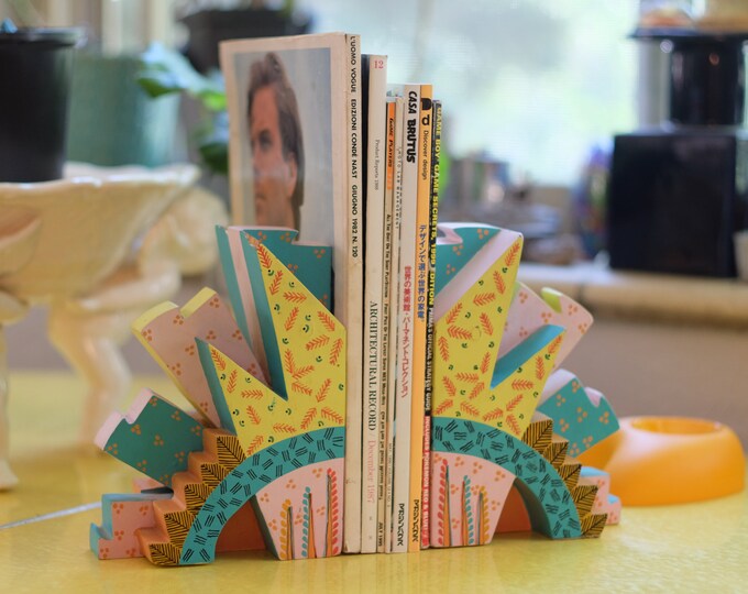 80s 90s Bookends // C Steinberg Colorful Pomo Sun Burst Pink Teal ...