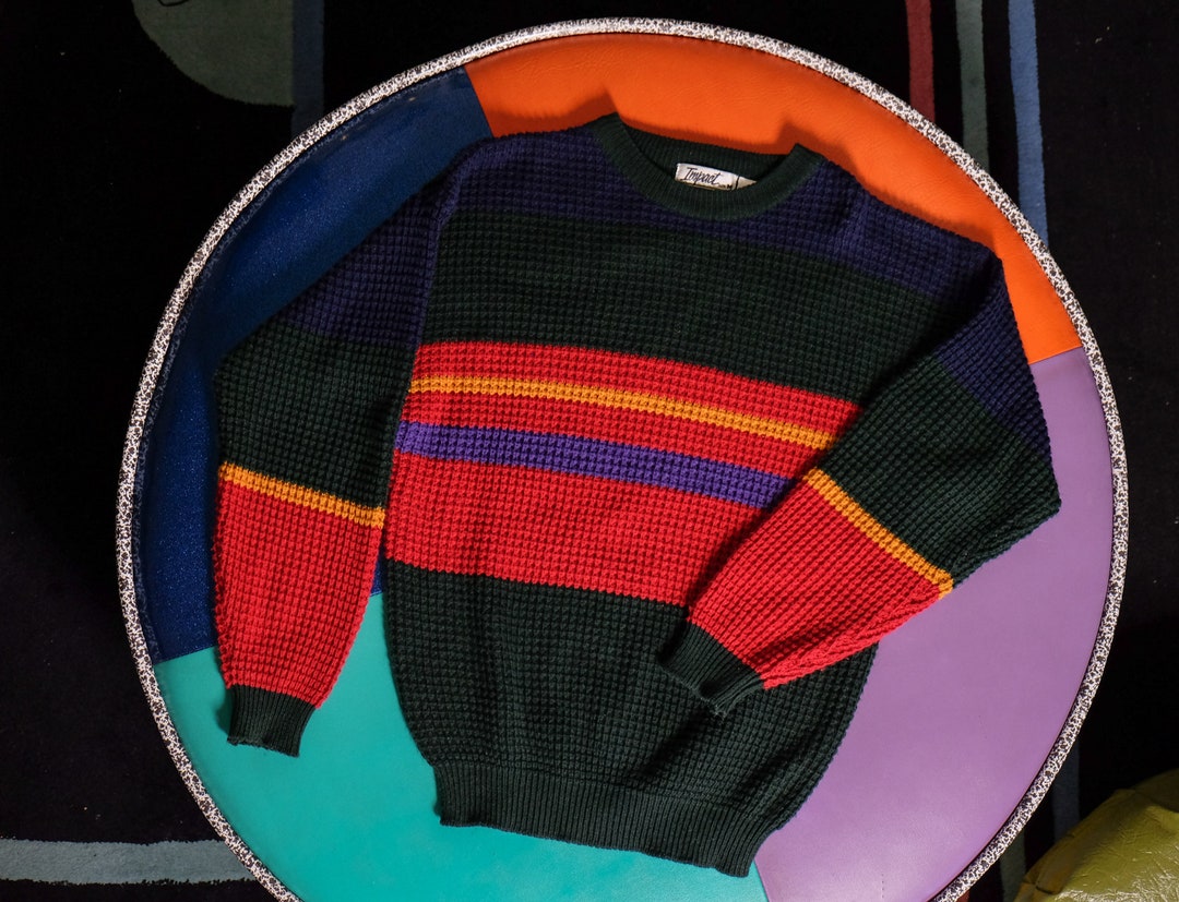 80s Impact Waffle Texture Striped Pullover Breathable Knit Sweater ...