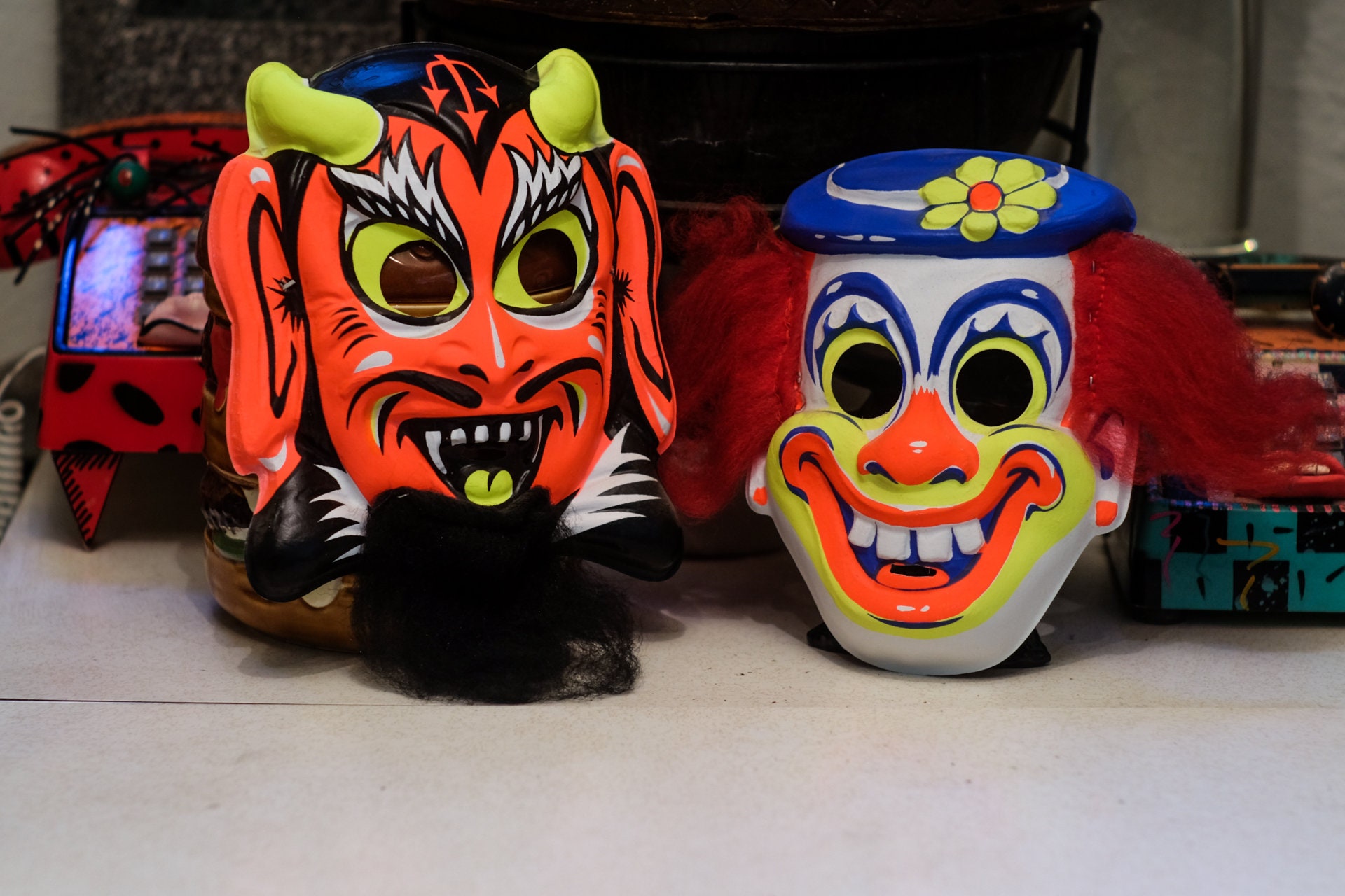 Vintage Deadstock Plastic Halloween Masks With Hair // Devil and Clown ...