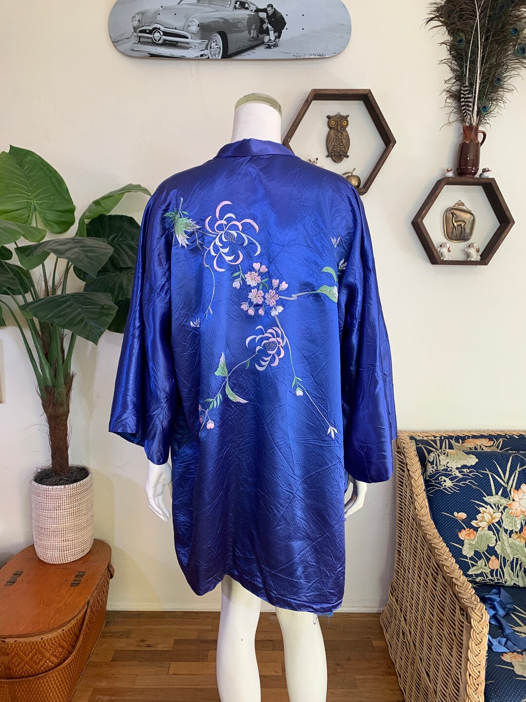 Vintage Blue 1940s 50s Acetate Rayon Japanese Embroidered Kimono Robe - Etsy