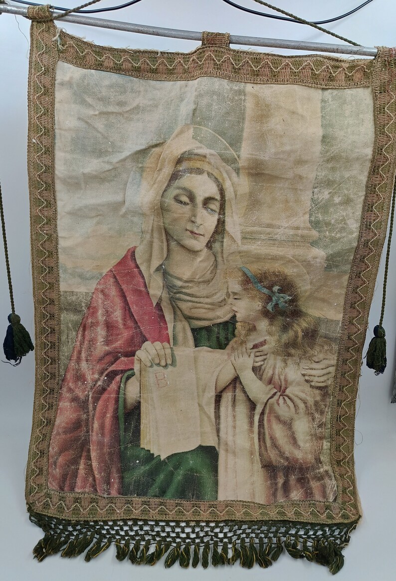 Antique Religious Banner Arazzo Oleography on Canvas Saint Anna Little ...