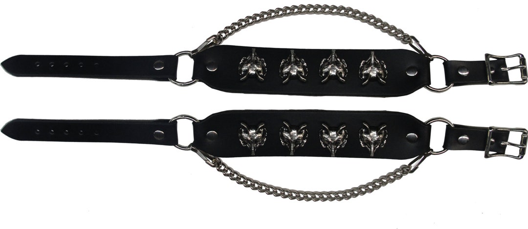 Black Leather Boot Straps With Chrome/silver Wolf Heads Hanging Chain ...