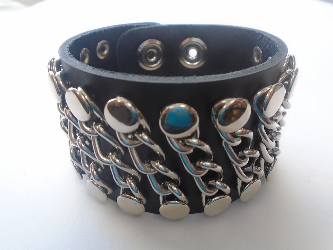 Premium 2" Wide Full Grain Leather Bracelet Wristband Cuff With Chains ...