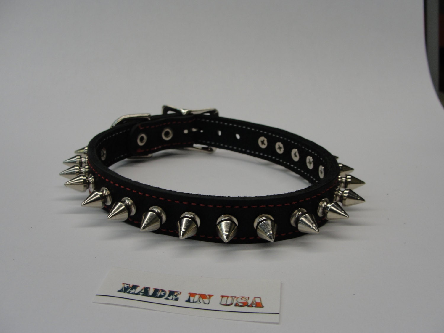 3/4" Wide Black Leather Collar Choker Stitched Border Plain Spiked ...
