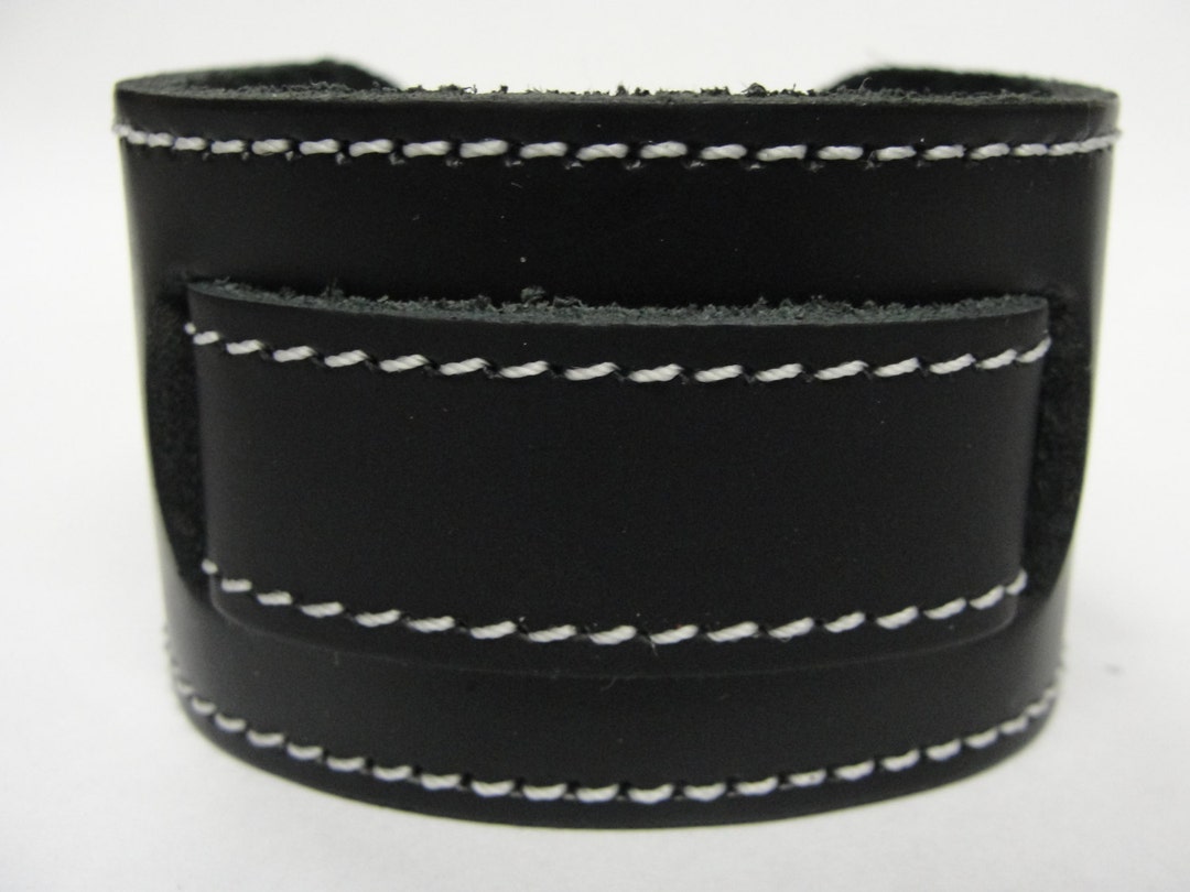 Black Full Grain Leather Military Watchband Stitched Classic Buckle ...