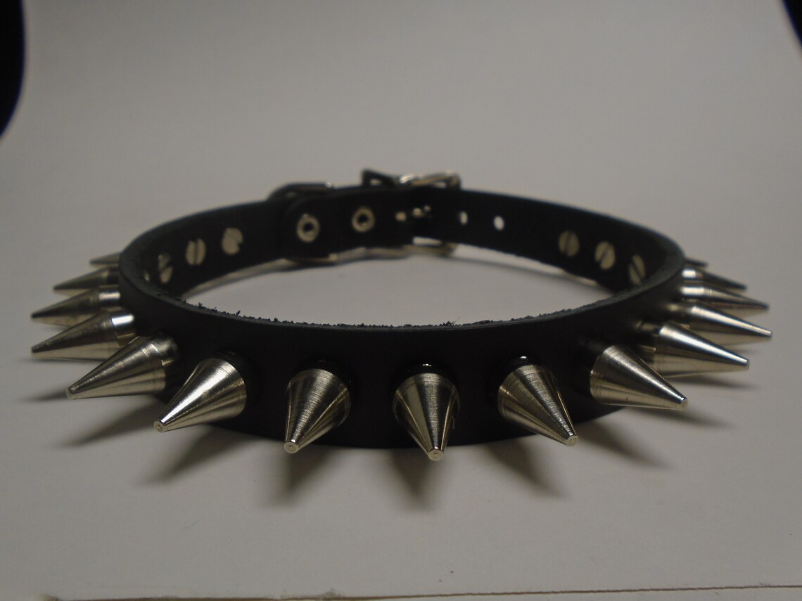 Spiked Leather Collar Necklace Black Buckled Silver Chrome - Etsy