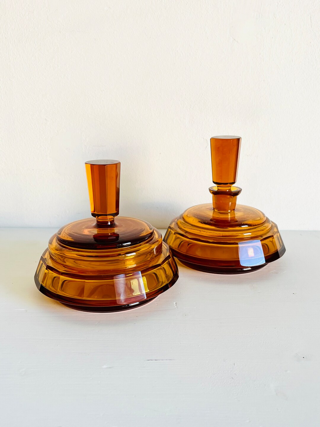 Art Deco Vanity Set Amber Glass Containers - Etsy
