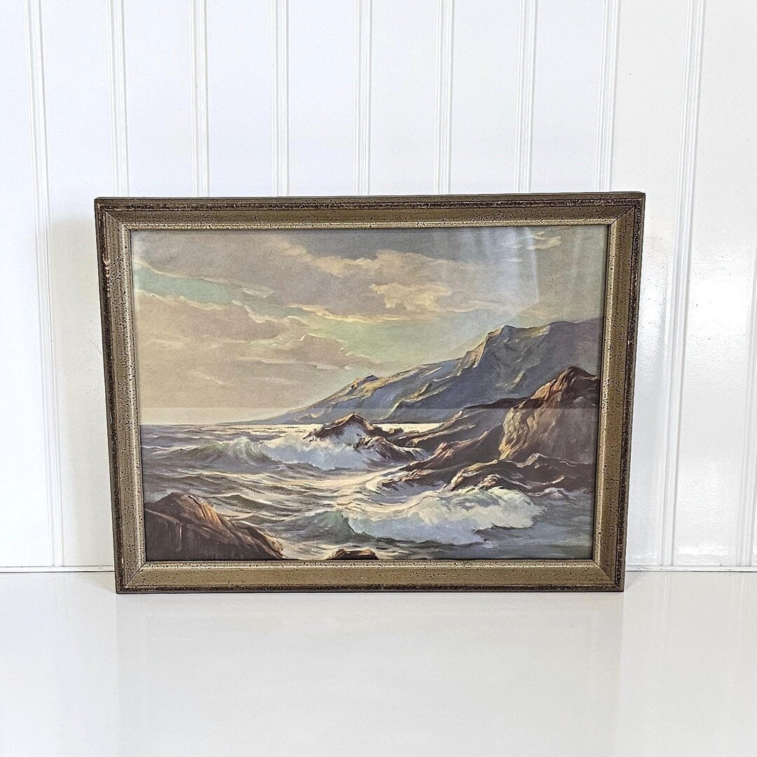 Vintage Framed Seascape Print, Rocky Coast by Lester Joseph Chaney ...
