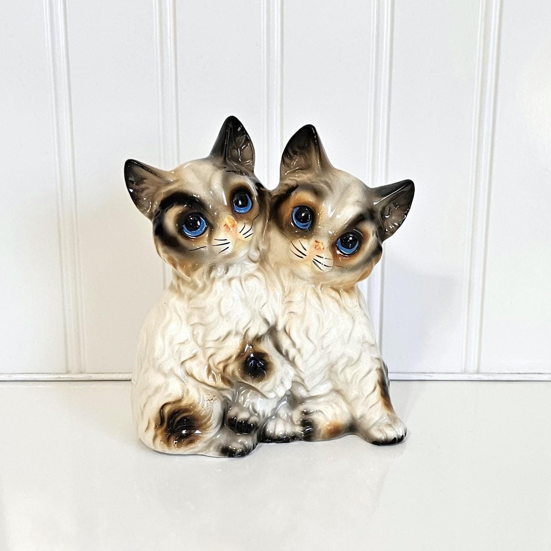 Vintage Double Cat Figurine, Siamese Cats, Twin Kittens, Two Blue Eyed ...