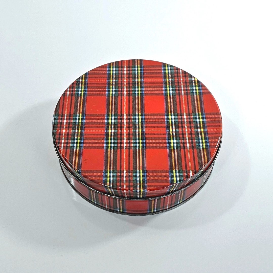 Vintage Red Tartan Tin Box Sewing Tin Round Red Plaid Tin Mid Century ...