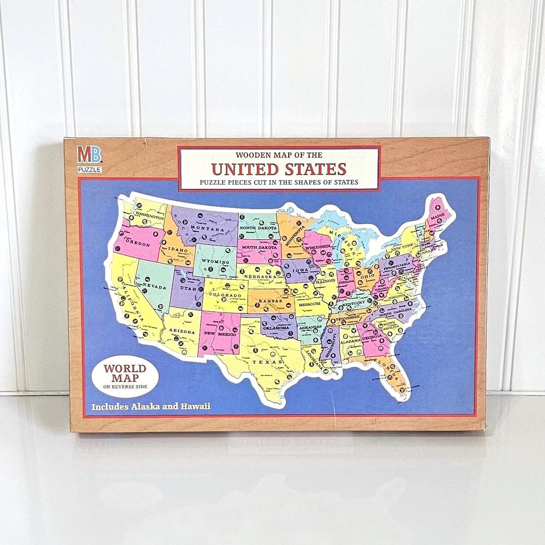 Vintage Wooden United States Map, Double Sided, World Map Puzzle, NEW ...