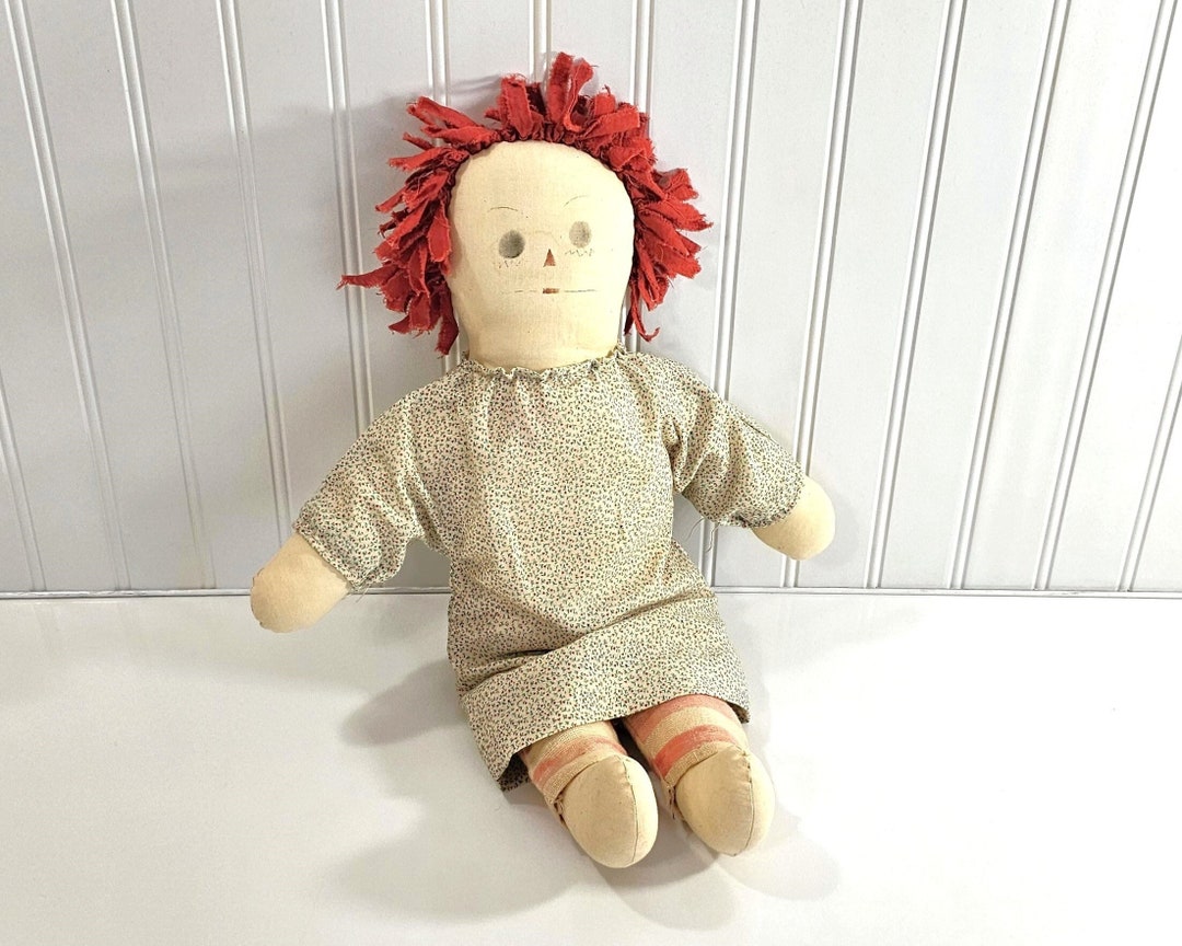 Vintage Handmade Primitive Ragdoll, Red Hair Stuffed Cloth Doll, Rag ...