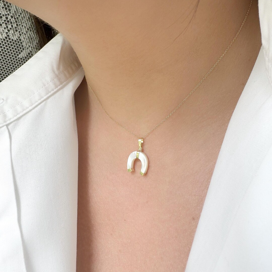14K Solid Gold Horseshoe Pendant: Mother of Pearl Good Luck Charm - Etsy