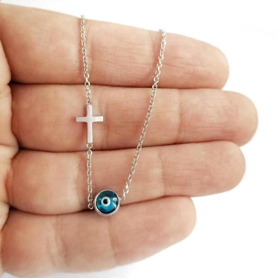 14K Greek Evil Eye Cross Necklace. 14K White Solid Gold. Good - Etsy