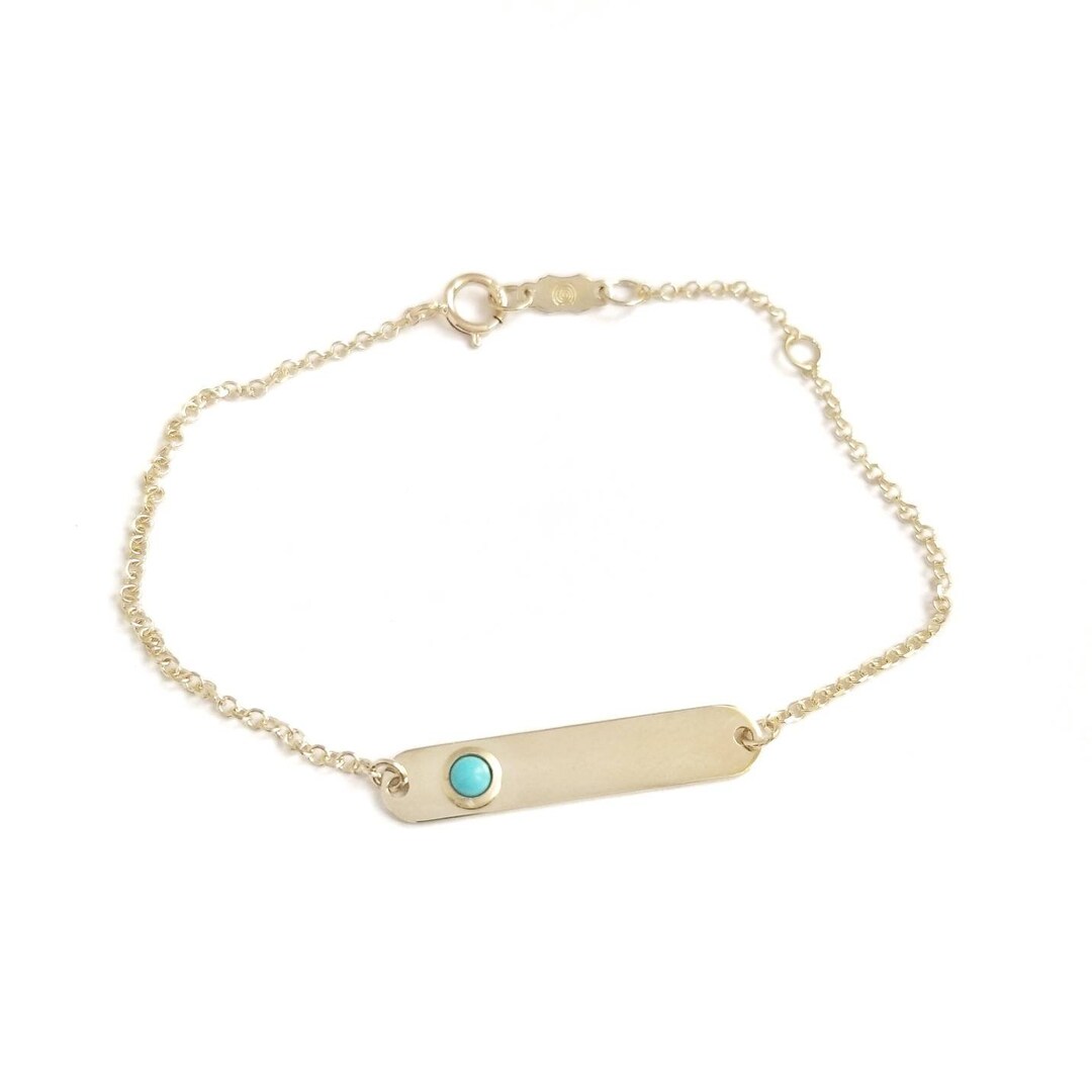 14K Hand-engraved Turquoise Bead Tag in Chain Bracelet.14k Yellow Solid ...