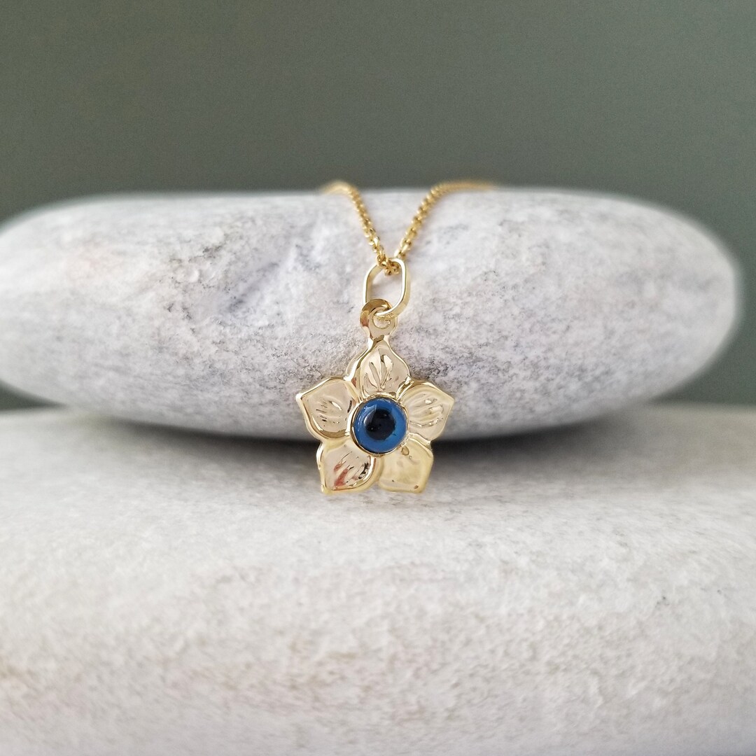 14K Gold Flower Greek Evil Eye Pendant.14k Solid Yellow Gold.blue ...